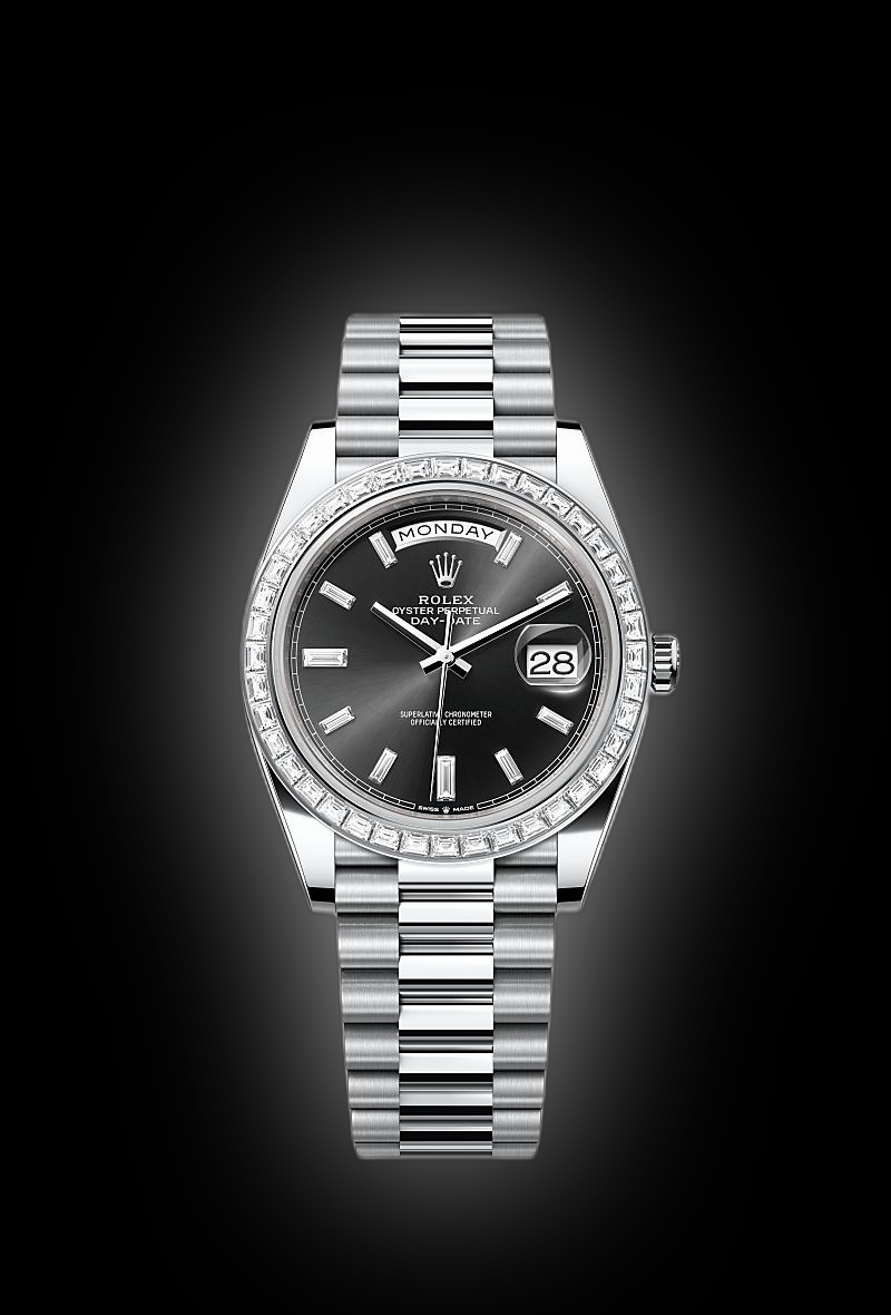 Rolex Day-Date 40 228396 Bright Black Dial, Platinum, 40.0 mm, Diamonds
