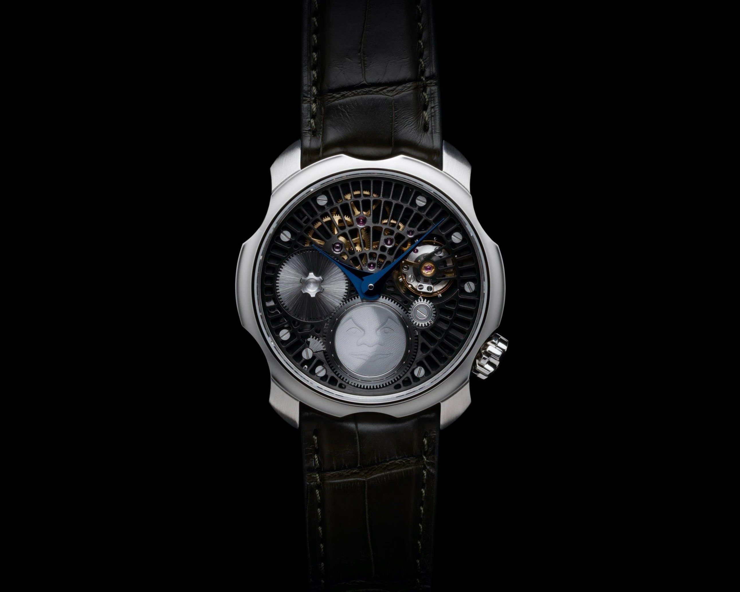 Sarpaneva Lunations Black Ruthenium Stainless Steel Case, 42.0 mm, Manual Winding, Leather