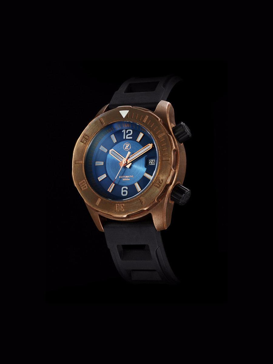 Zelos Abyss 3000 m Black, Blue Dial, Bronze, 43 mm