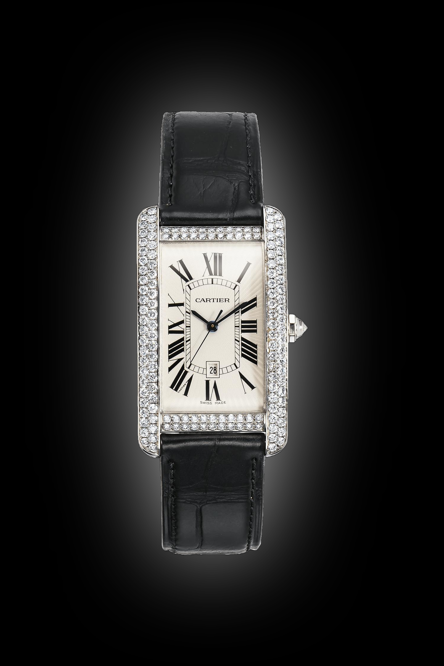 Cartier Tank Diamond Black Leather Men'S Watch WB71