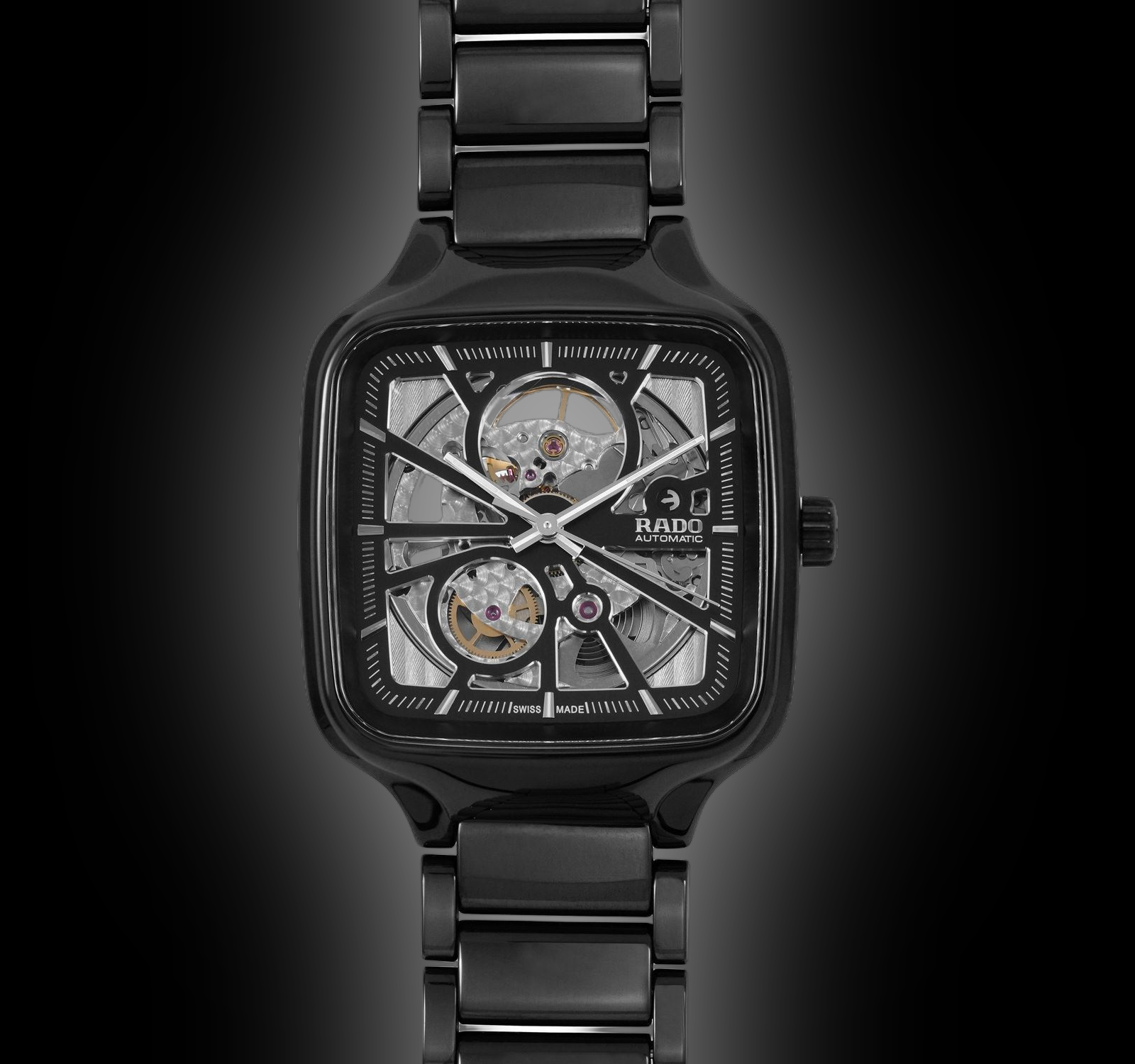 Rado TRUE Square 2708 Black Dial, High-Tech Ceramic, Automatic, Open Heart