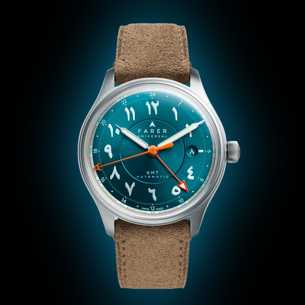Farer GMT Lander IV Self Winding, Brown Suede Leather, Sunray Triple Step, Sea Green Dial ...