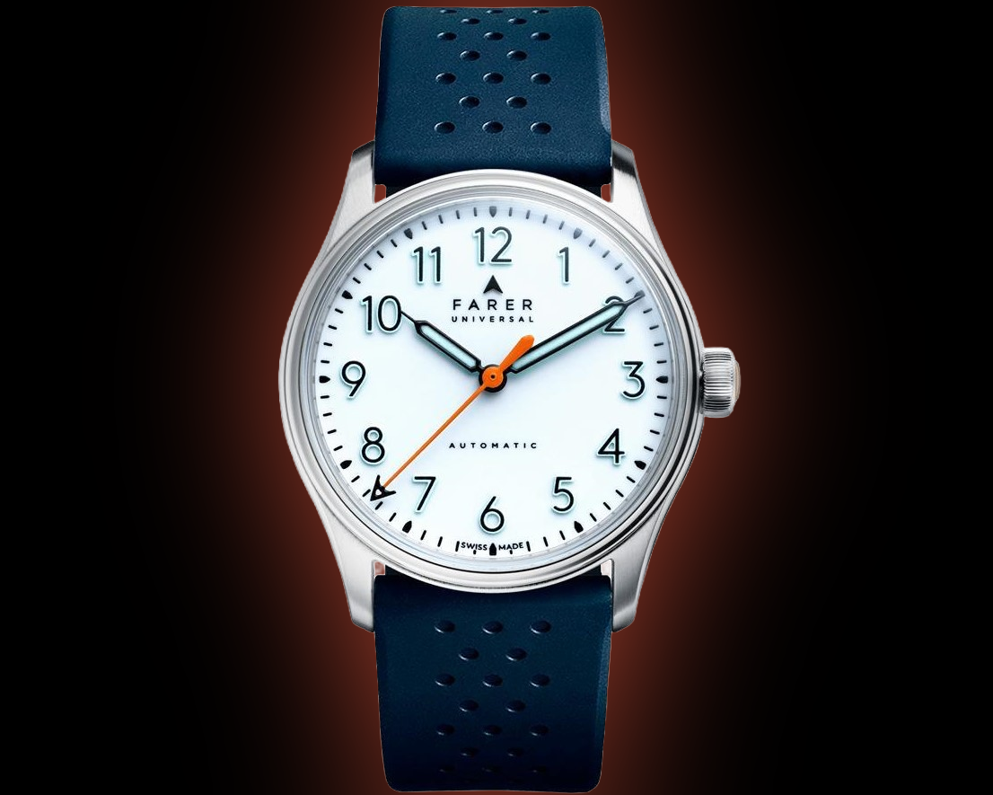Farer Three Hand Resolute 36 mm Self Winding, Navy Rubber, White Dial ...